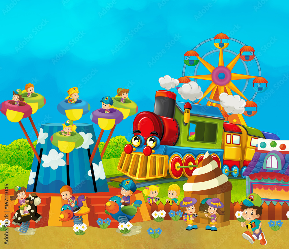 cartoon funfair - amusement park with steam train - illustration for ...