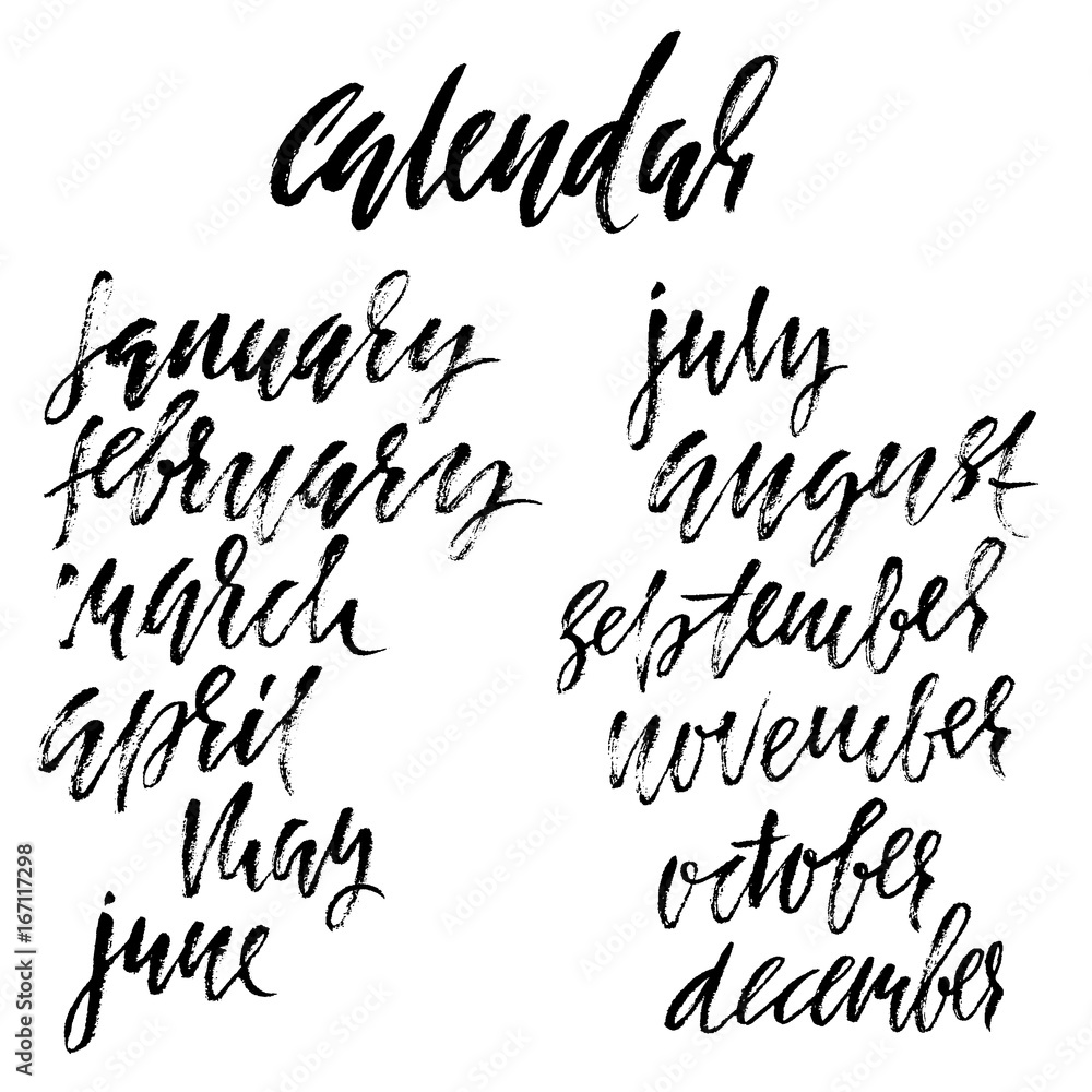 Hand drawn set of months. Modern dry brush lettering. Names of the ...