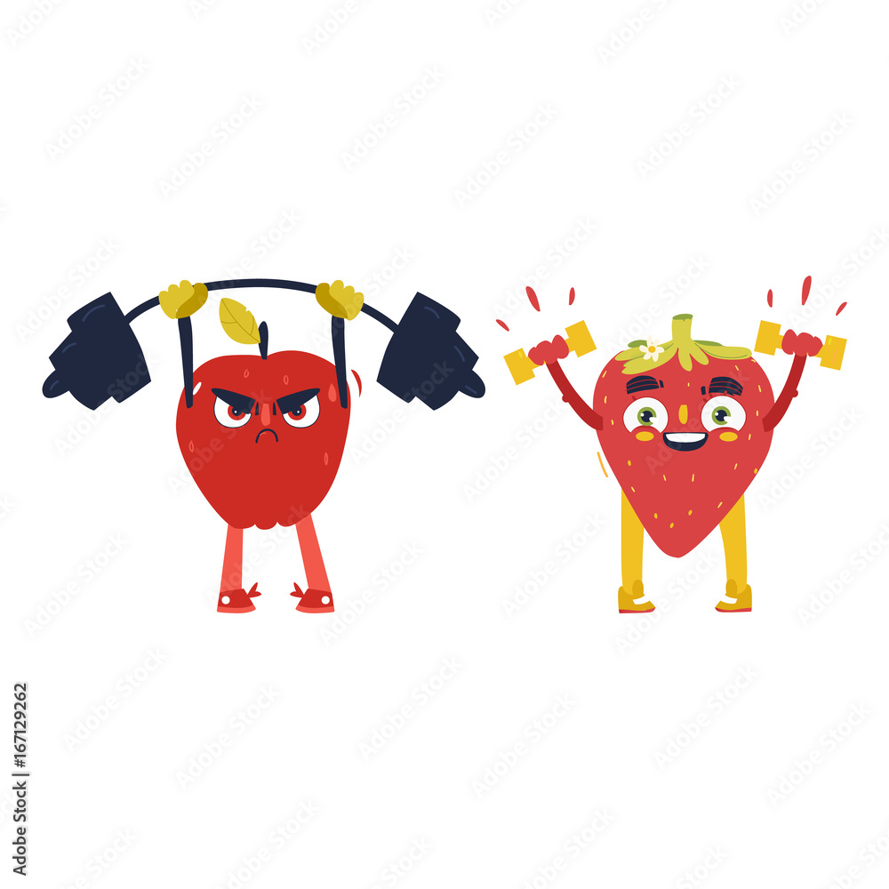 Funny apple and strawberry characters working out in gym, weight ...