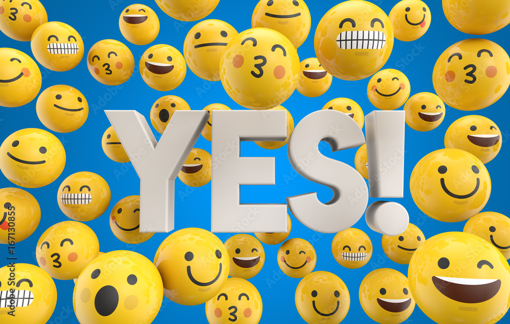 Set of emoji emoticon character faces with the word yes, 3D Rendering ...