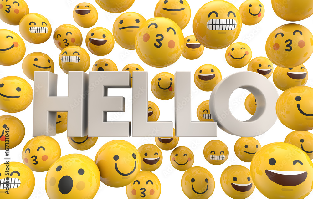 Set of emoji emoticon character faces with the word hello, 3D Rendering ...