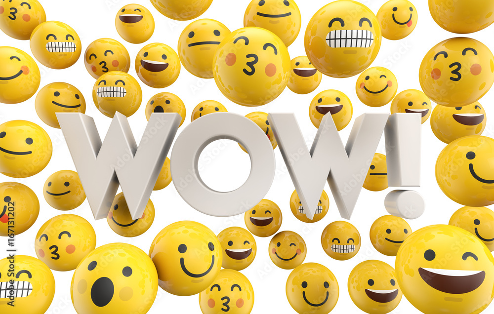 Set of emoji emoticon character faces with the word WOW, 3D Rendering ...