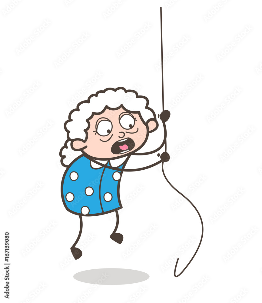 Cartoon Old Lady Falling Down When Climbing Rope Vector Illustration ...