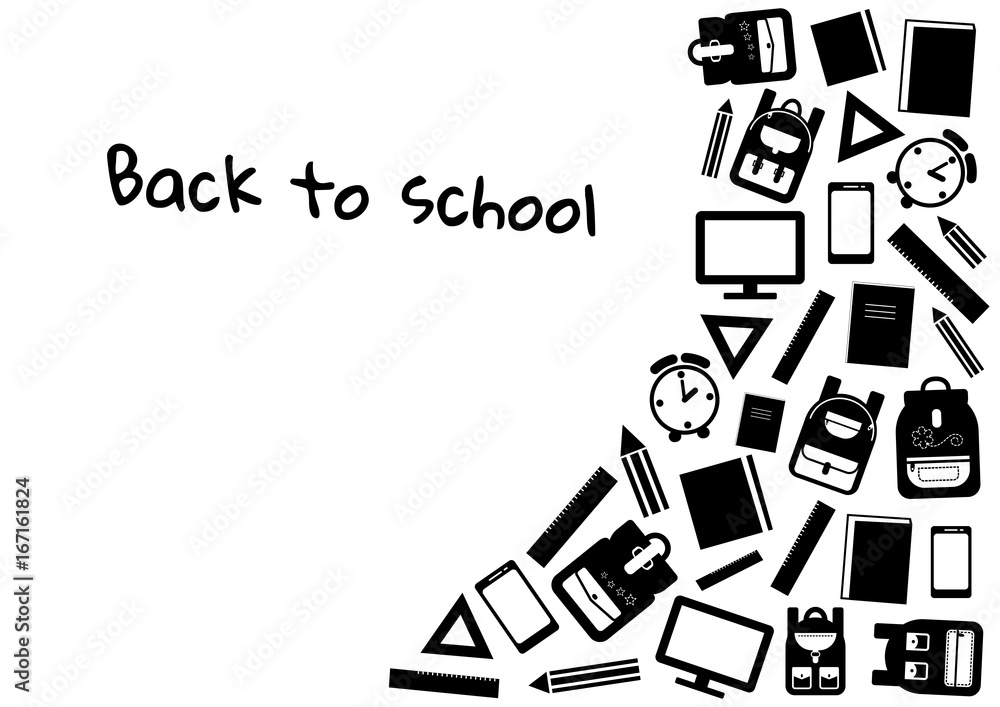 Back to school. Black and white background with school supplies, vector ...