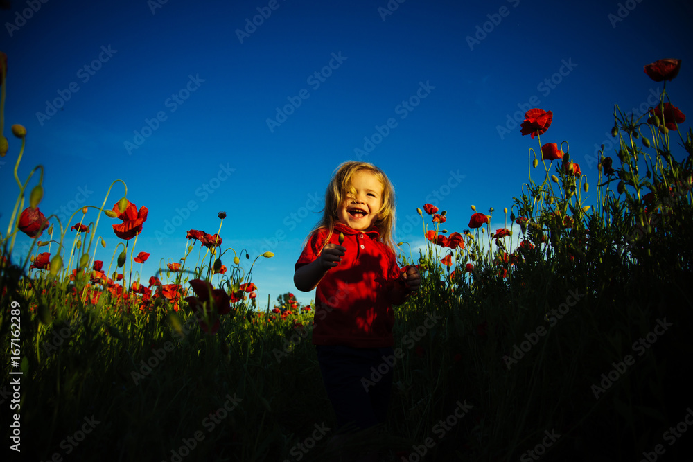 Smile happy baby child. Toddler boy joy in red t-shirt among the field ...