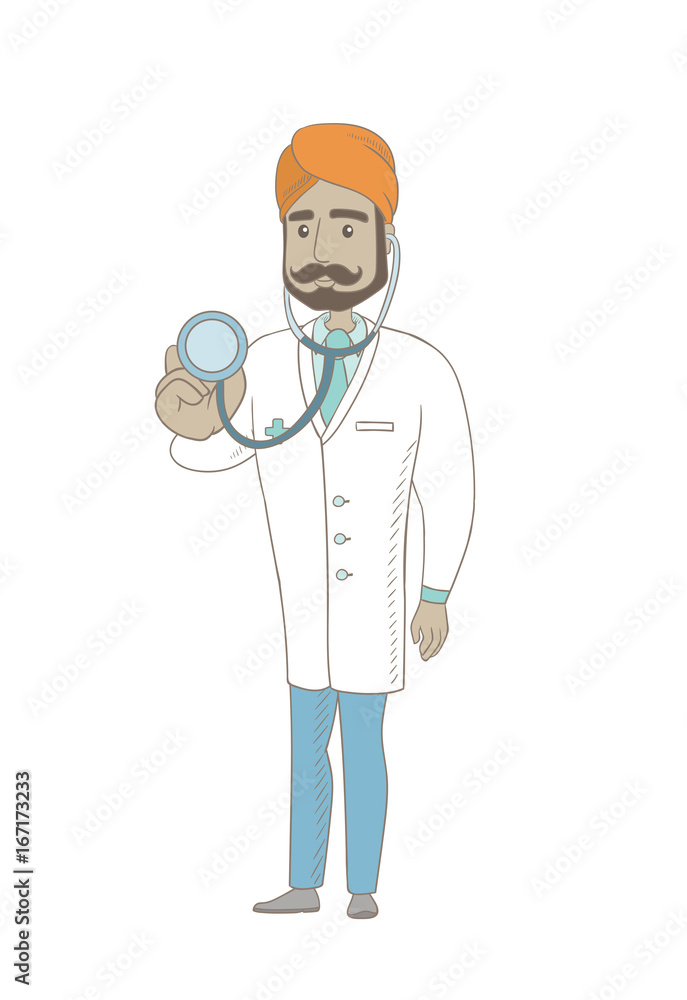 Young indian doctor with a stethoscope in hand. Doctor holding a ...