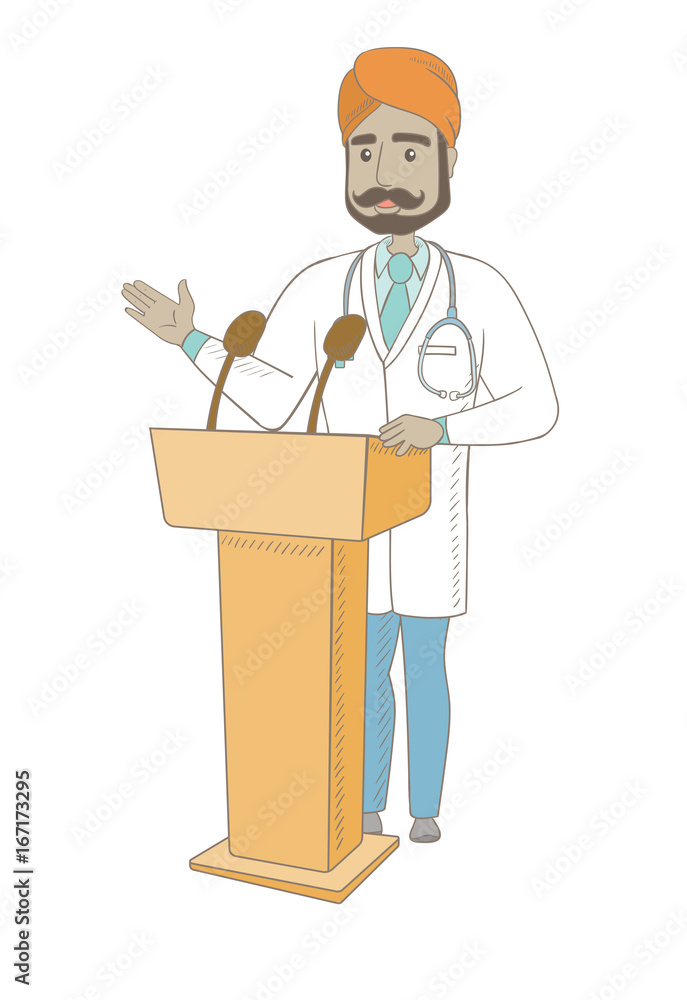 Indian doctor speaking to audience from the tribune. Young doctor ...