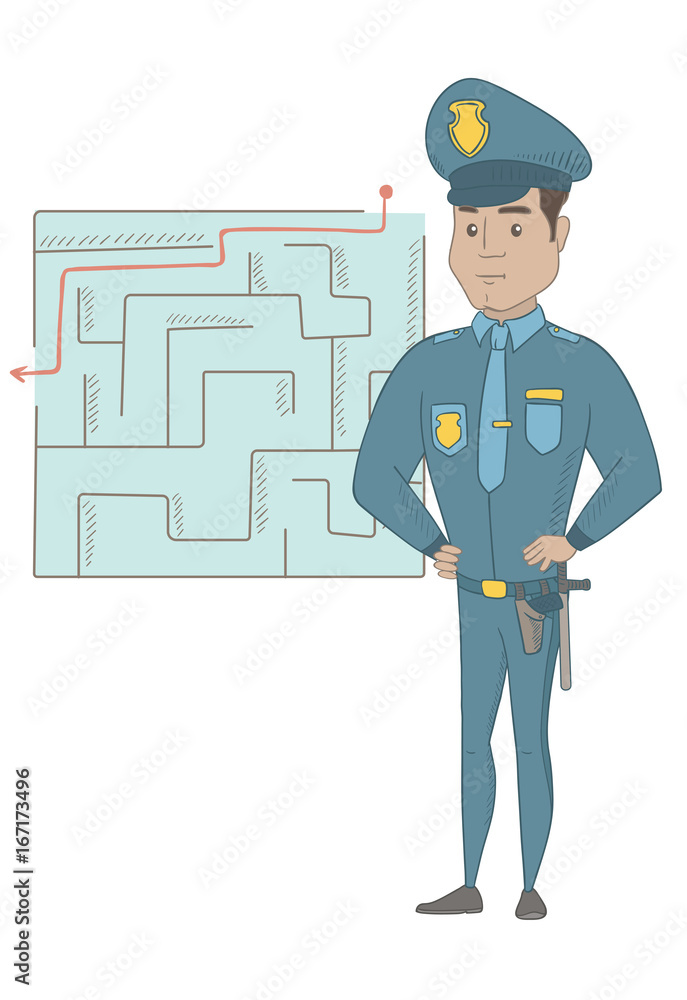Hispanic policeman thinking about the solution of a confused criminal ...
