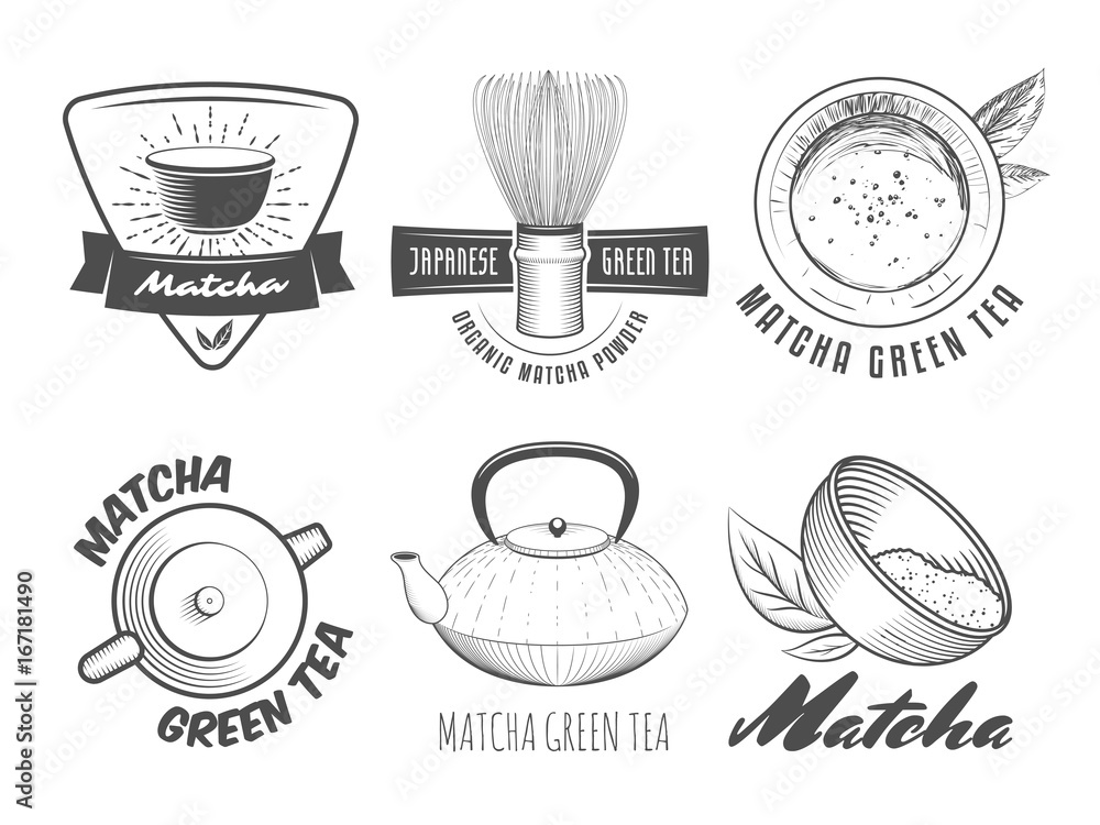 Matcha badges. Japanese green tea labels. Vector vintage logos for ...