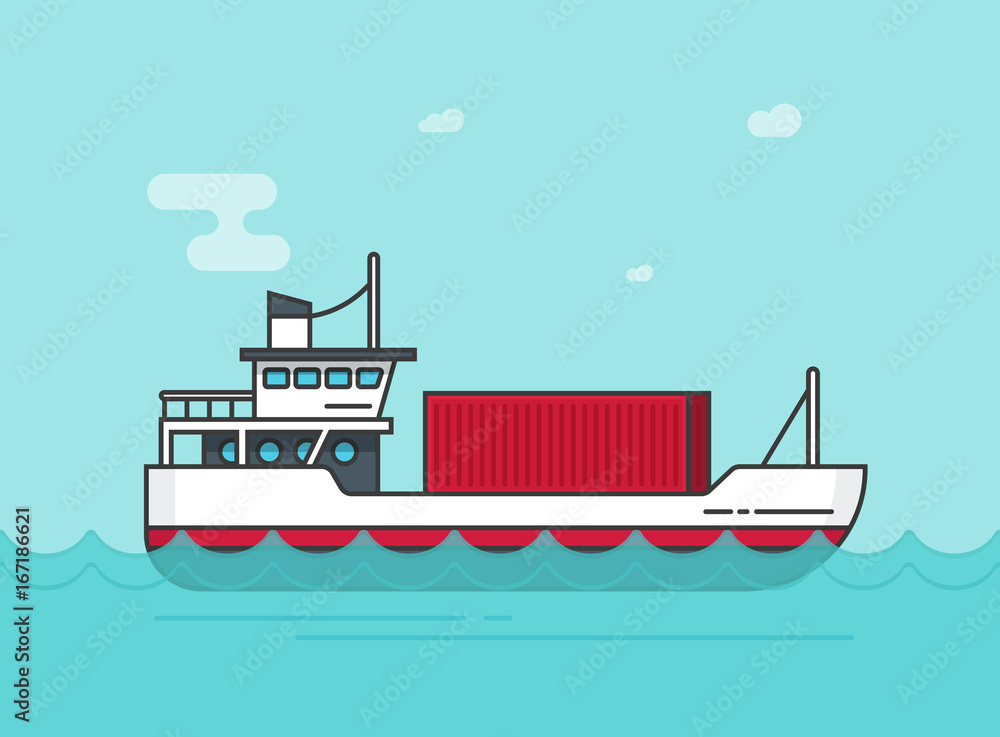 Small cargo ship floating on ocean water vector illustration, flat ...