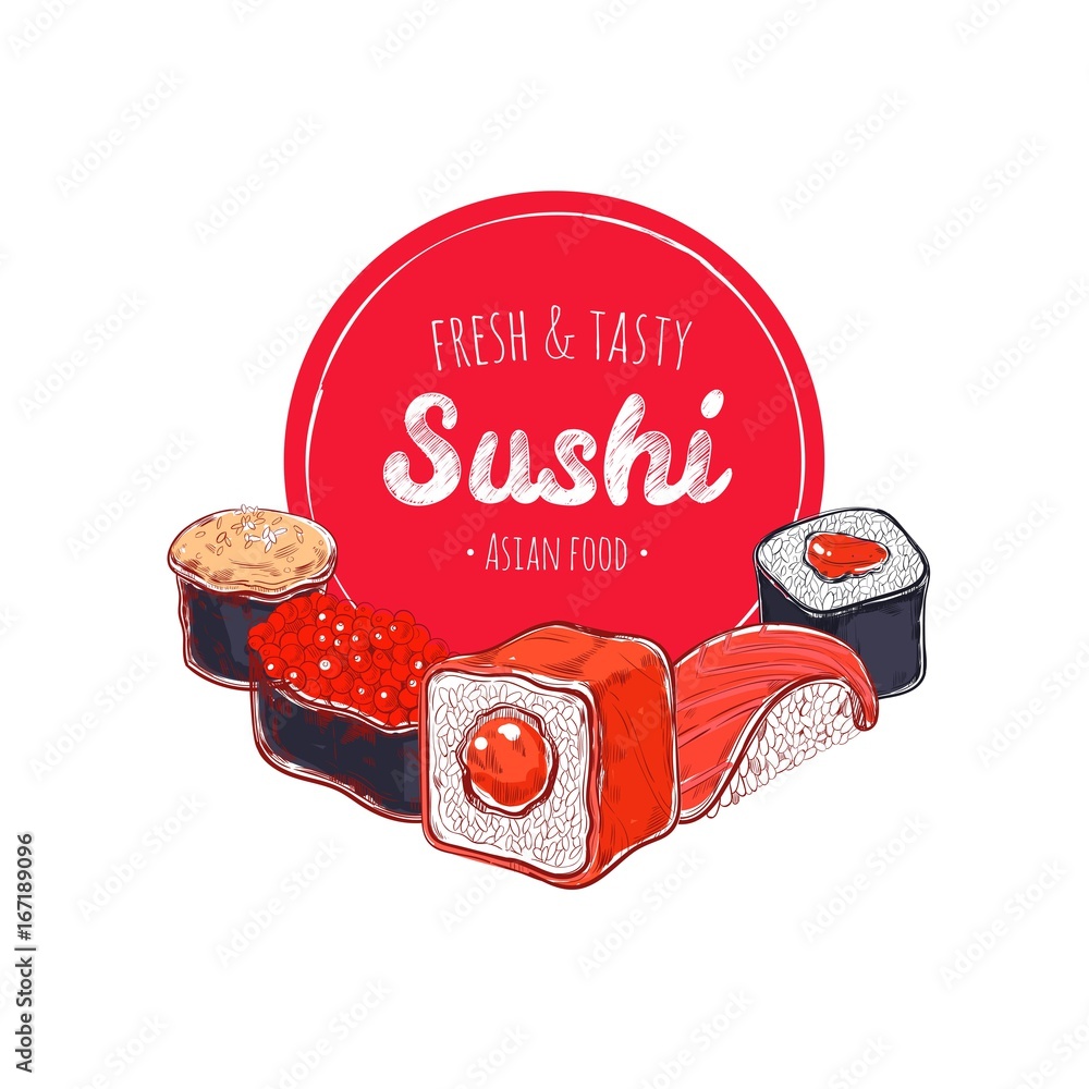 Vector Hand drawn Sushi label. Asian food banner, template Stock Vector ...