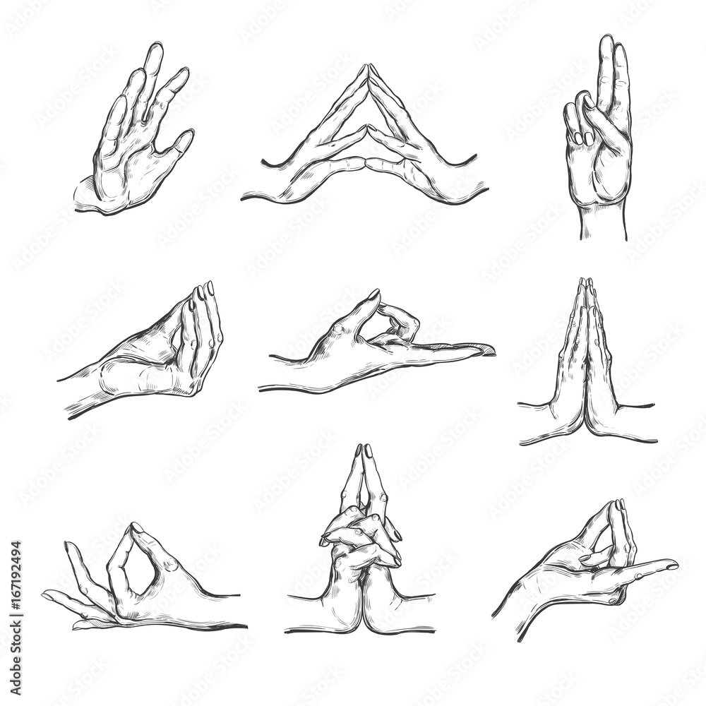 Vector hand drawn set of 9 mudras. Isolated on white. Yoga ...