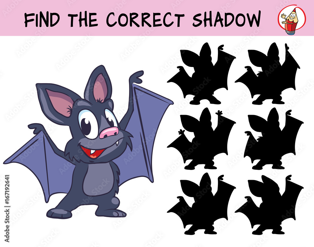 Funny little bat. Find the correct shadow. Educational game for ...