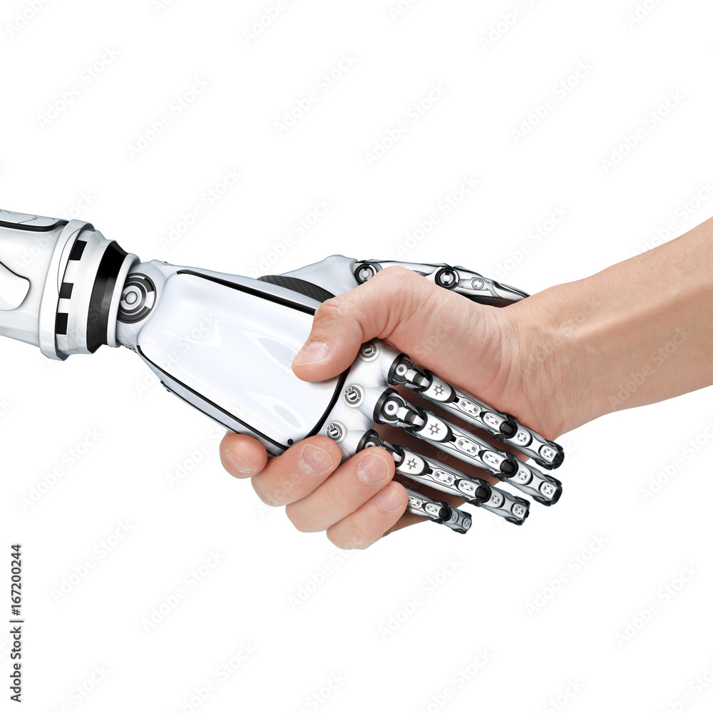 Cyber communication design concept. Male robot and human holding hands ...