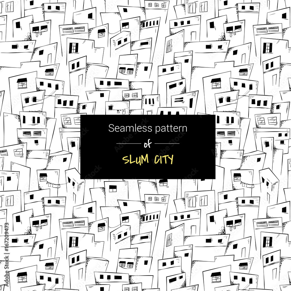 Seamless pattern of slum city in black and white. Vector background ...