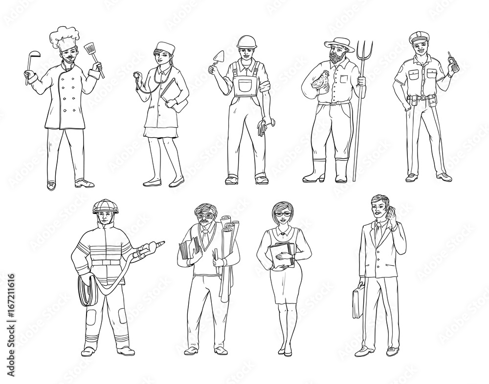 People of various professions in overalls and with tools in hand ...