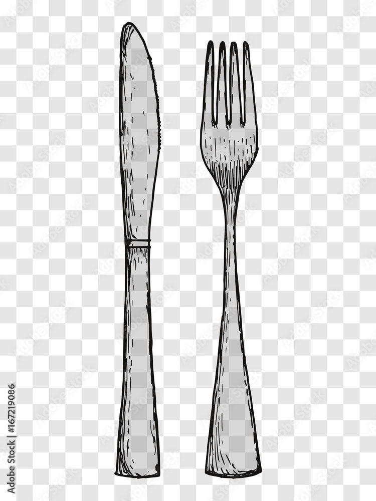 Old fork and knife hand drawing. Cutlery on a transparent background ...