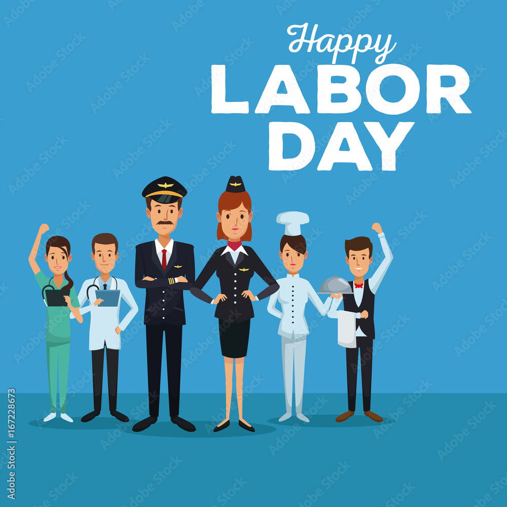color card of happy labor day with full body people of different ...