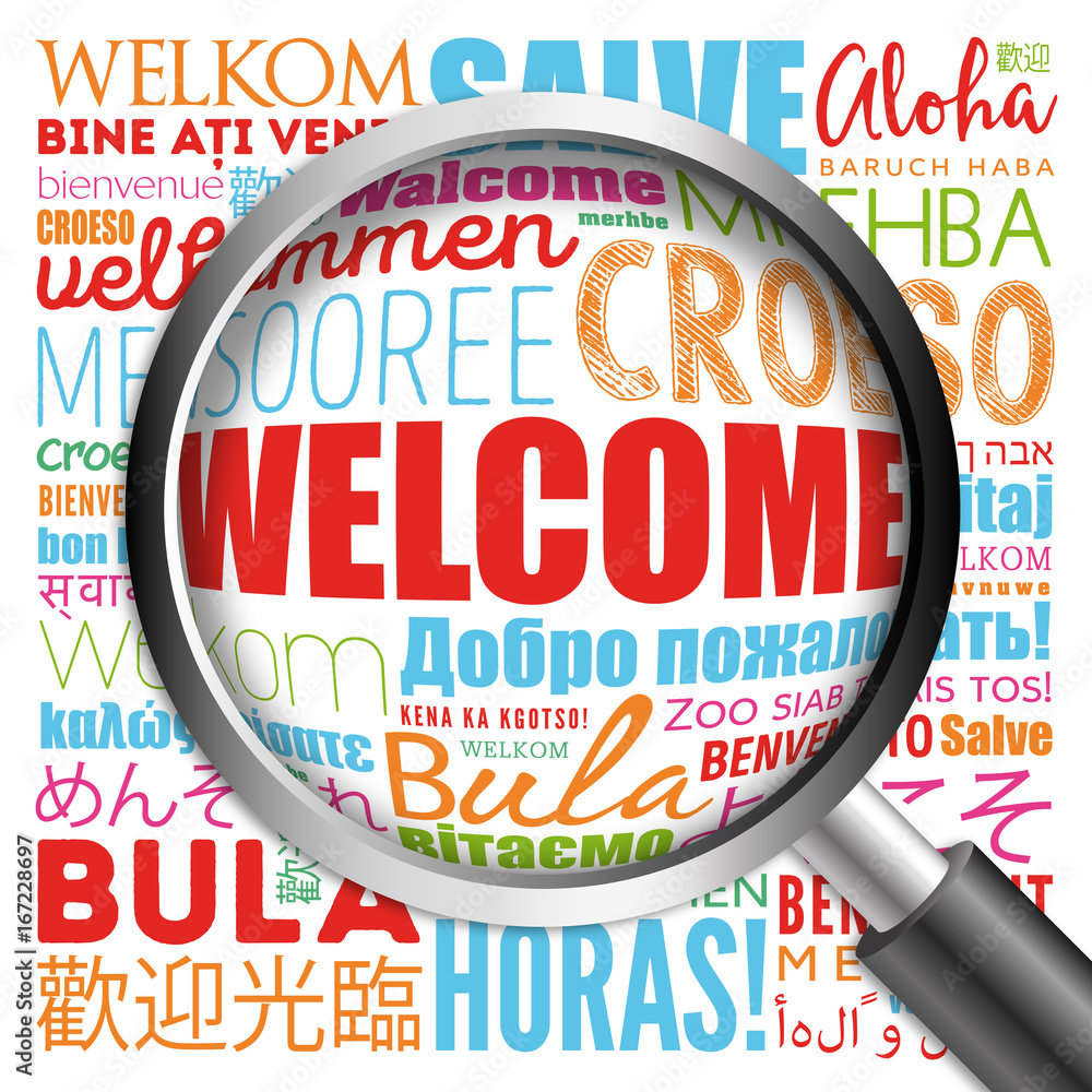 WELCOME word cloud with magnifying glass in different languages ...