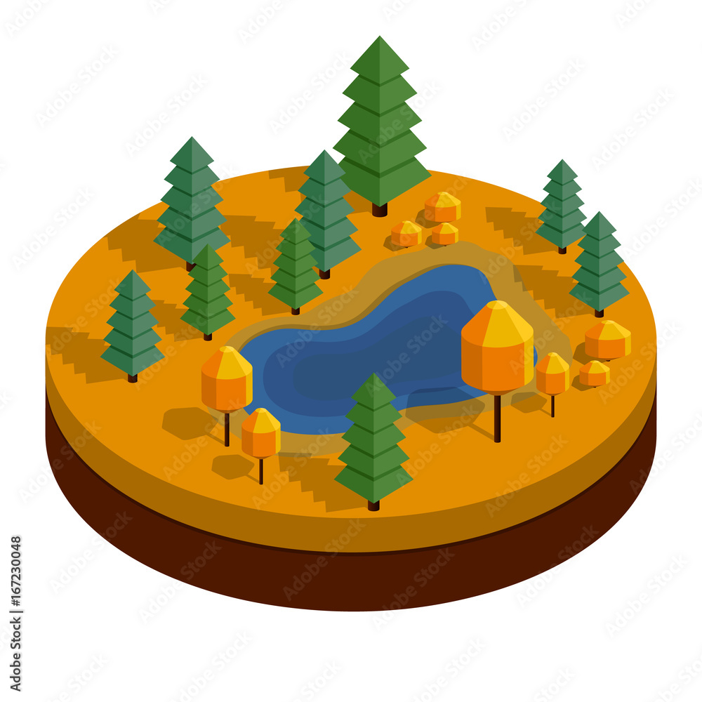 Isometric autumn landscape with lake and low poly trees and bushes ...