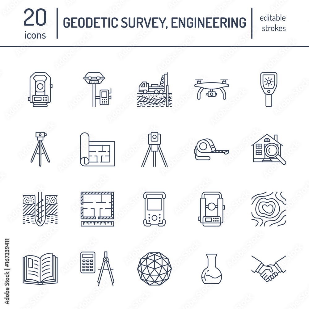 Geodetic survey engineering vector flat line icons. Geodesy equipment ...