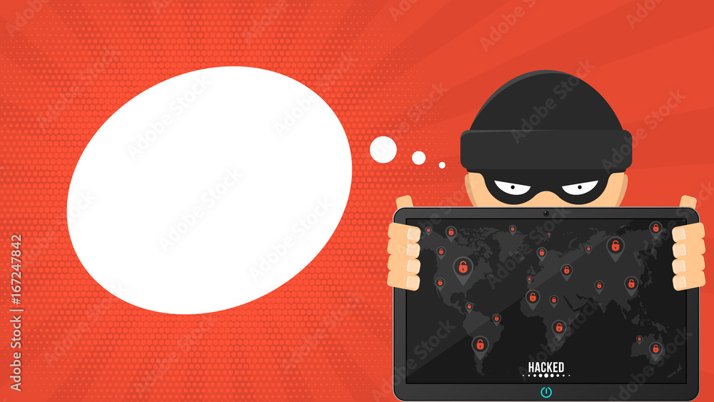 Cartoon hacker is holding a hacked tablet on a red background. Black ...