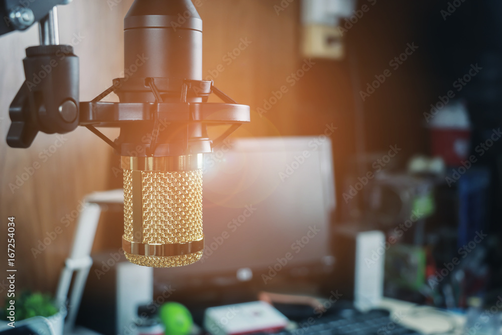 audio and studio recording concept, Microphone in a recording studio or ...