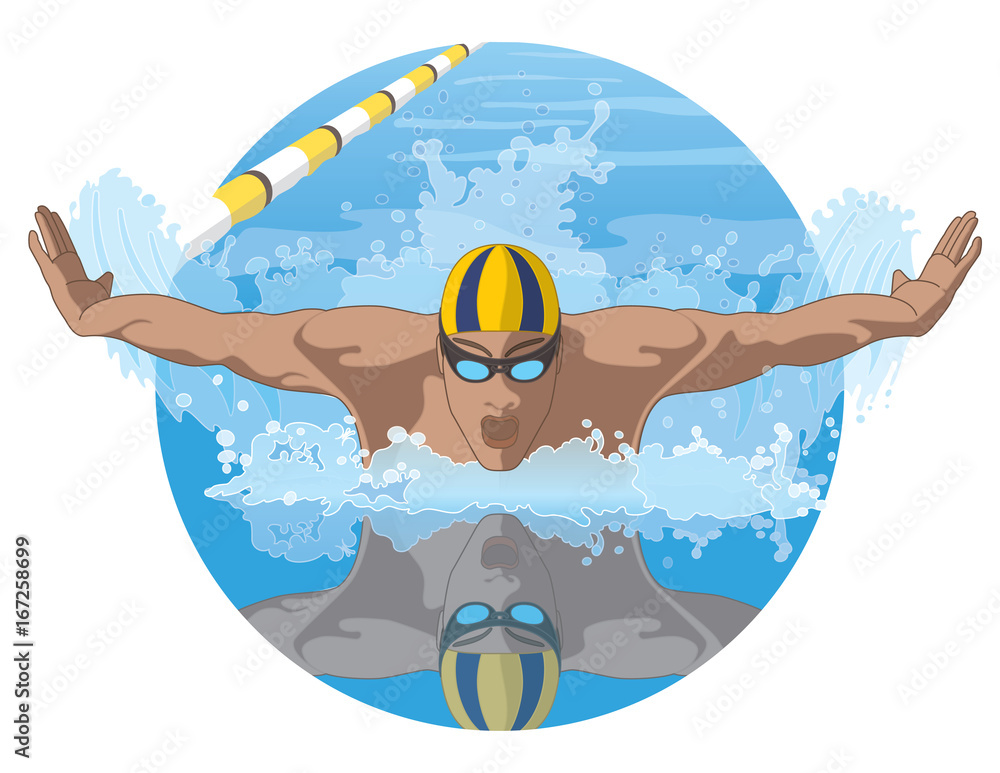 male swimmer in a butterfly stroke competing in pool with reflection ...