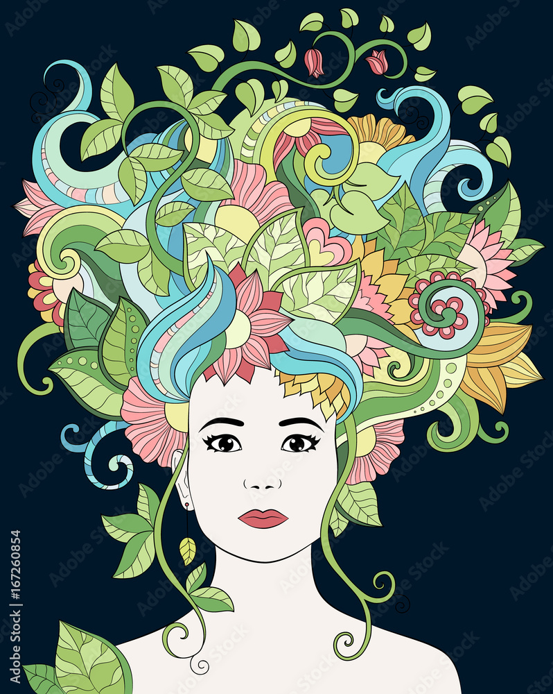 Vector hand drawn illustration woman portrait with floral hair, flowers ...