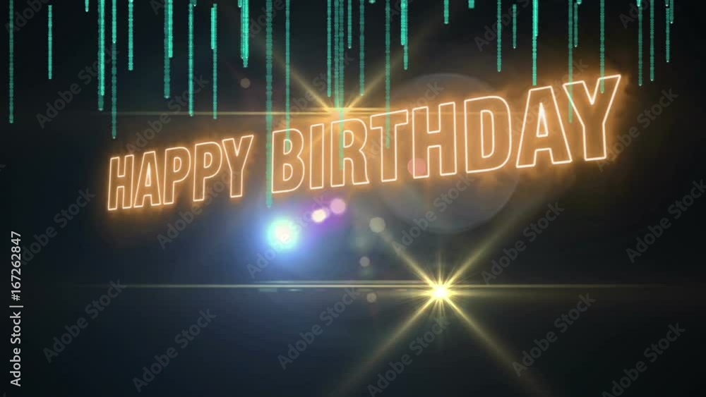 animation - word happy birthday in fire moving with optical flares on ...