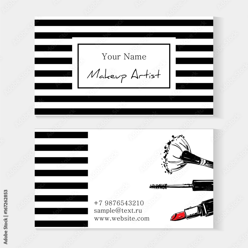 Makeup artist template business card. Striped background with red ...