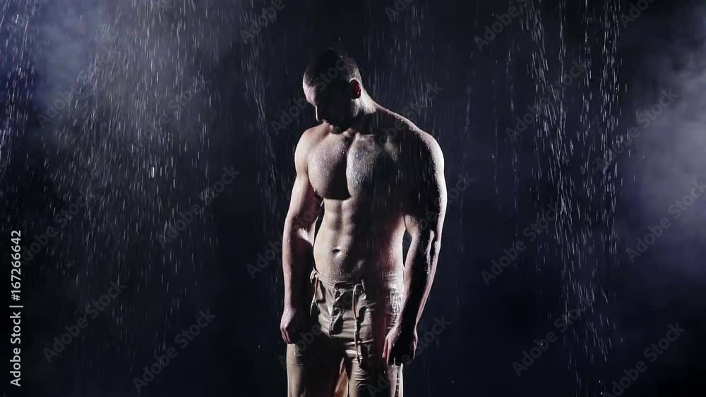 average plan. male bodybuilder with a large inflated body is relax ...