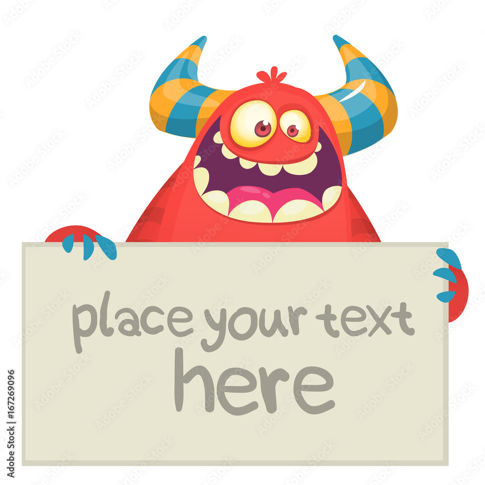 Cute Little Red Monster Cartoon Mascot Character Holding A Blank Sign ...