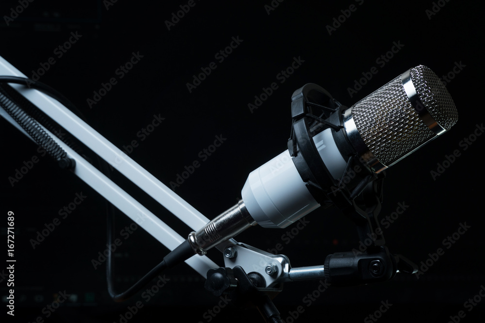 Professional condenser studio microphone on the black background Stock ...