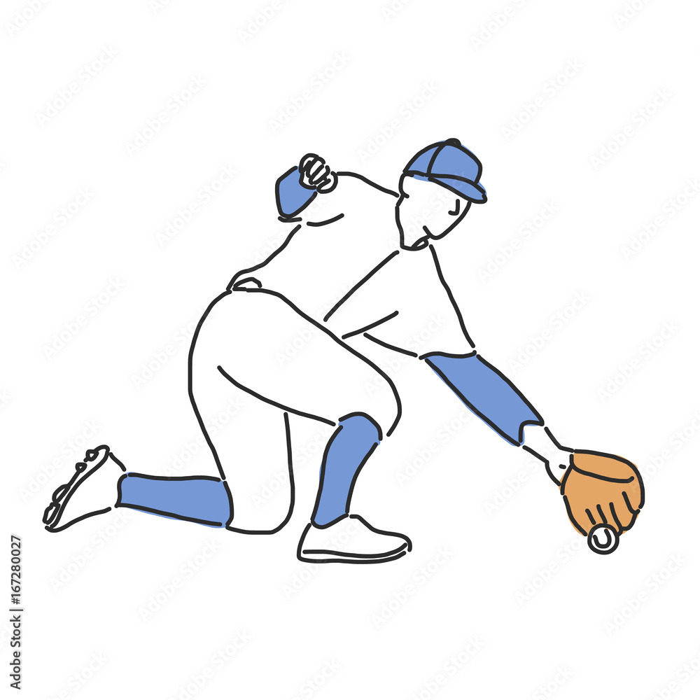 Baseball player and softball player, line drawing. hand drawn. vector ...