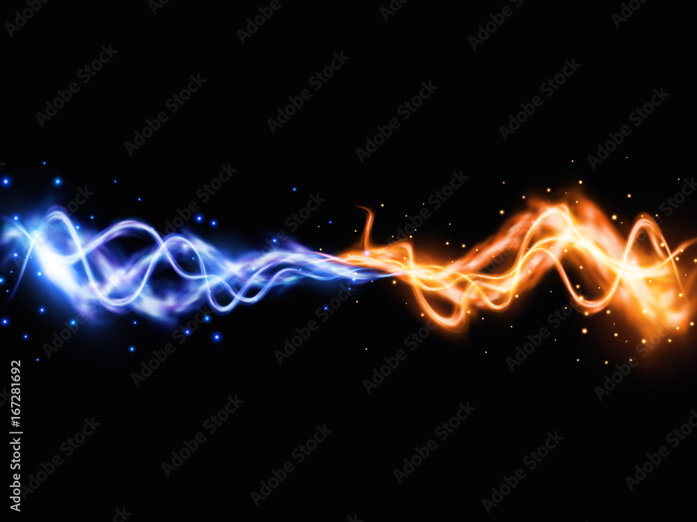 Collision of two forces with yellow and blue lights. Vector light ...