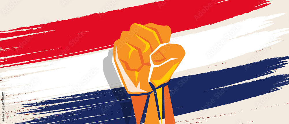 Netherlands Dutch flag independence painted brush stroke with hand fist ...