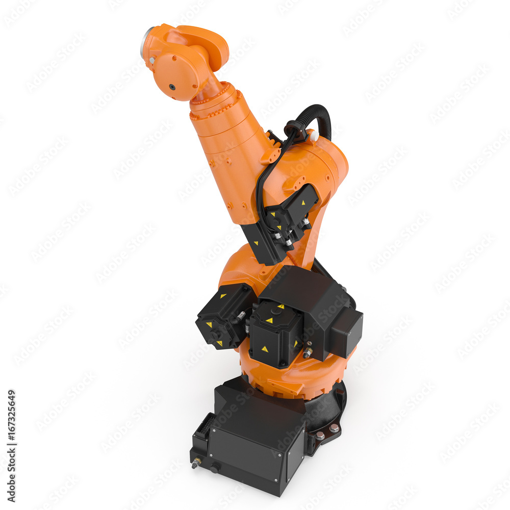 Orange robot arm for industry isolated on white. 3D Illustration ...