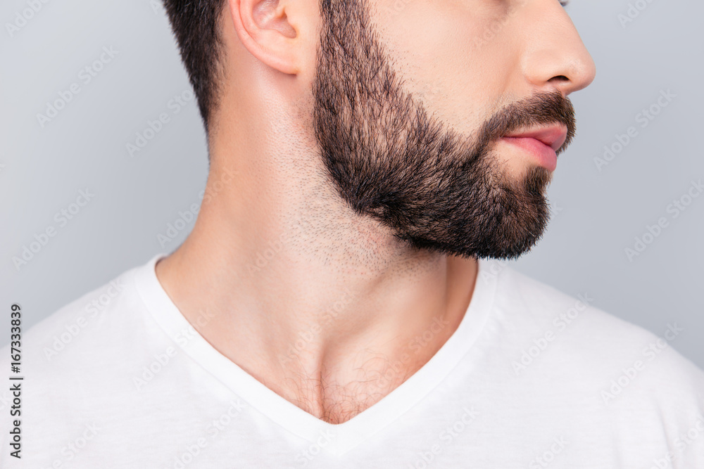 Advertising barbershop concept. Profile side cropped portrait of ...