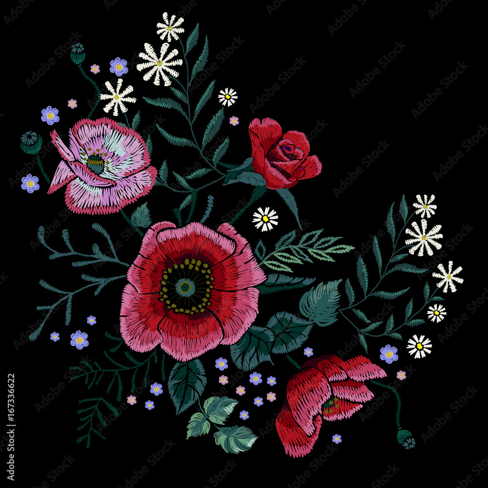 Embroidery traditional pattern with red poppies and chamomiles. Vector ...