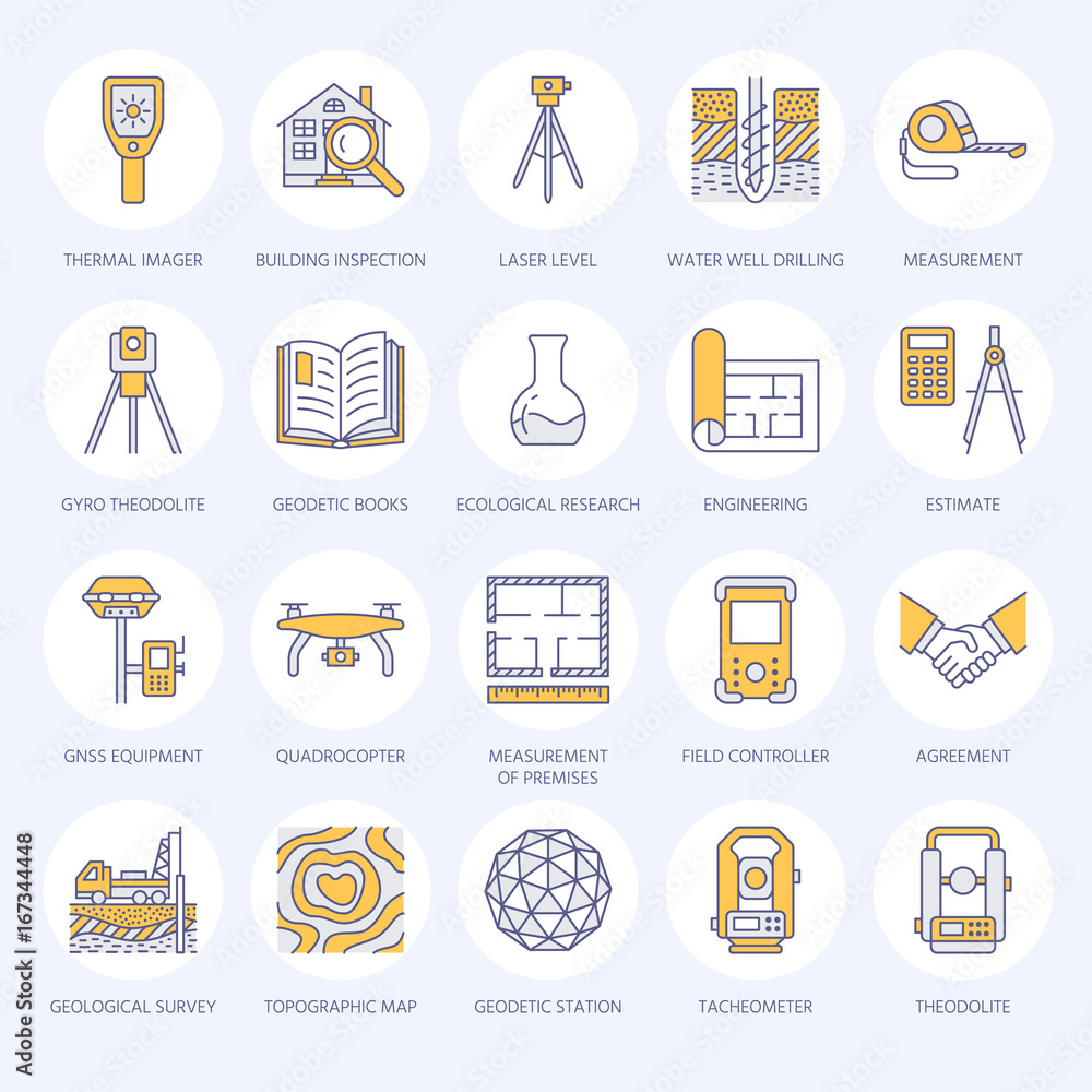 Geodetic survey engineering vector flat line icons. Geodesy equipment ...