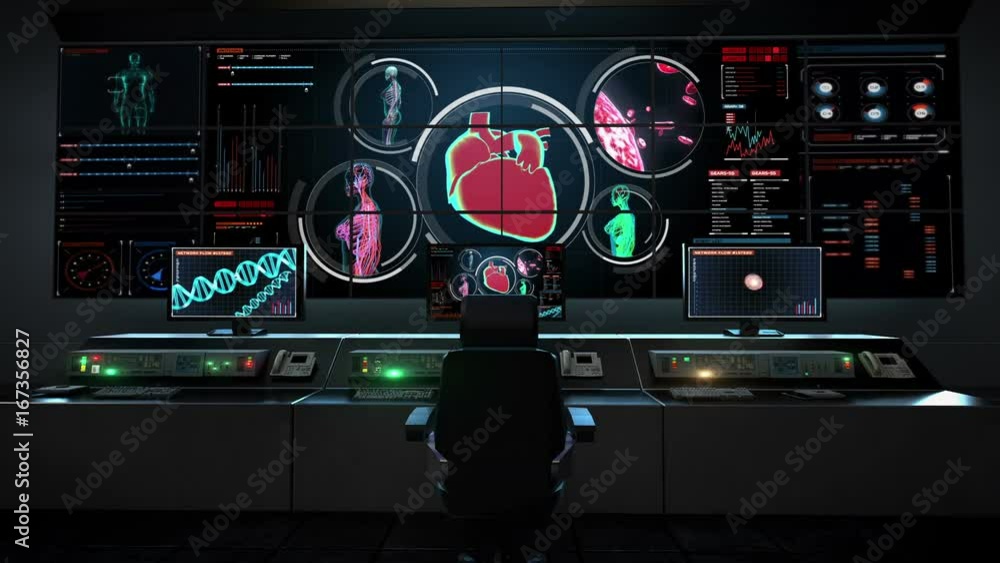 Human medical care center, main control room, Female body scanning ...