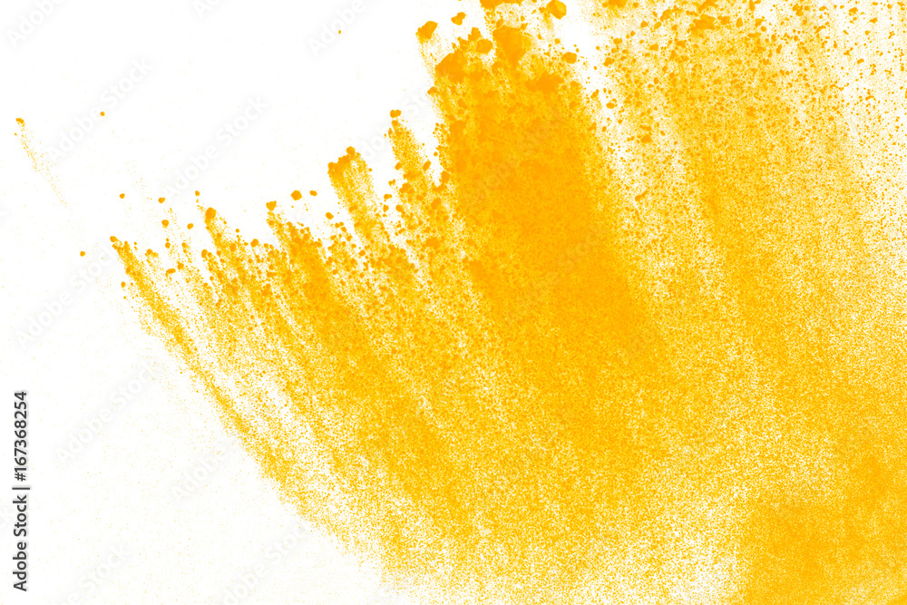 abstract yellow powder splatted on white background,Freeze motion of ...