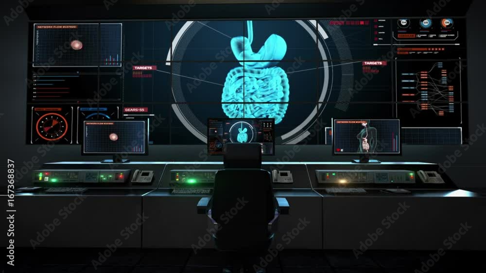 Human medical care center, main control room, Zooming body scanning ...