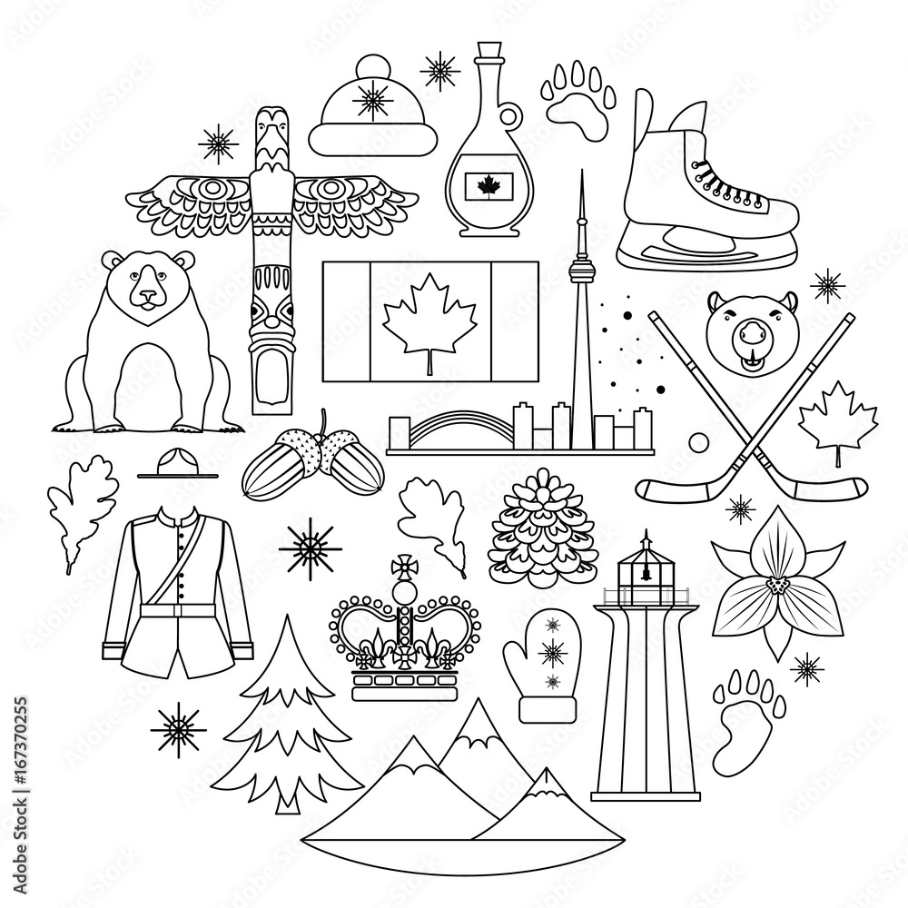 Icons with the image of Canada symbols in the outline style. Linear ...