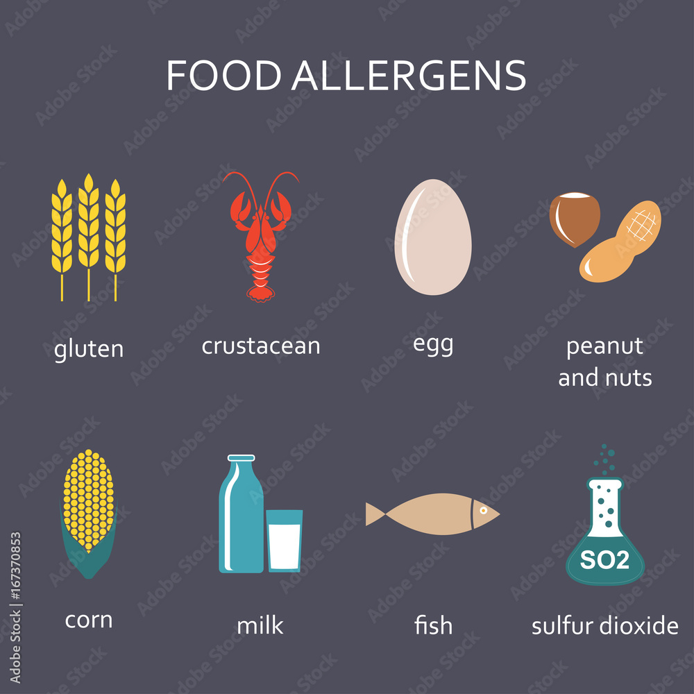 Allergens food icon set. Allergen meal design template. Colorful vector ...