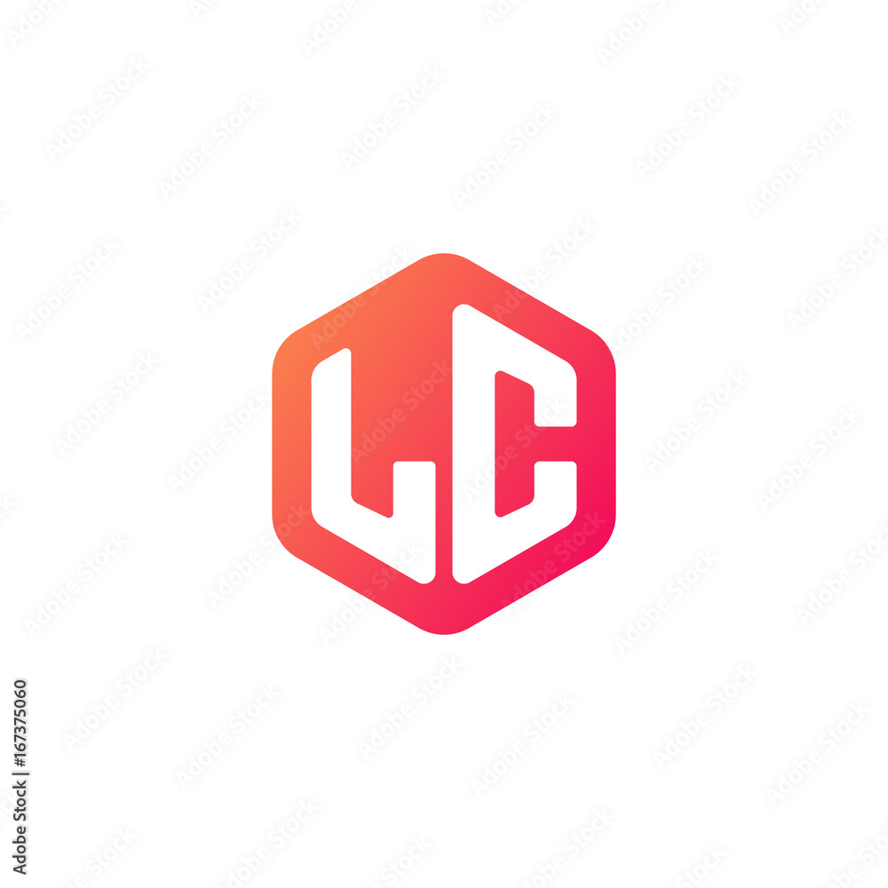 Initial letter lc, rounded hexagon logo, gradient red orange colors ...