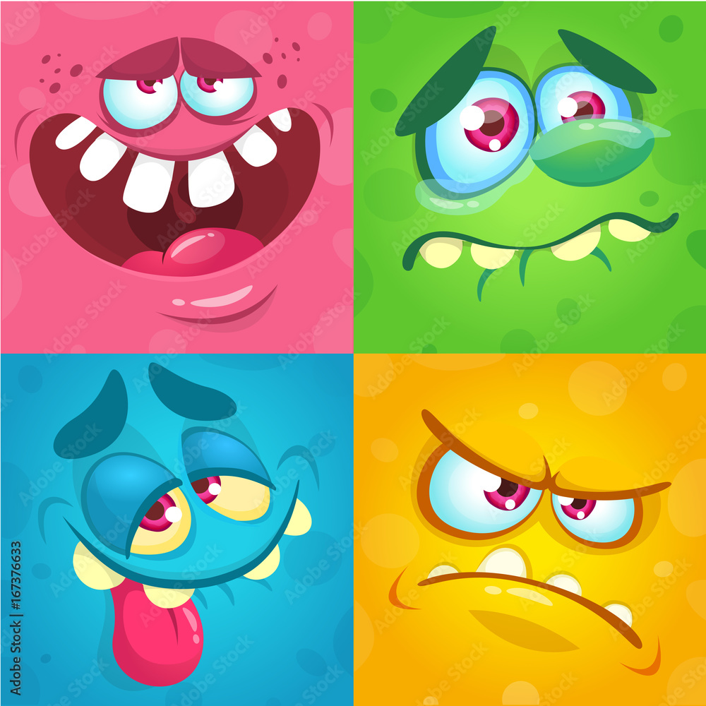 Cartoon monster faces set. Vector set of four Halloween monster faces ...