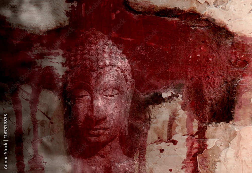 Red Buddha with bloody background, antique wall with texture, portrait ...