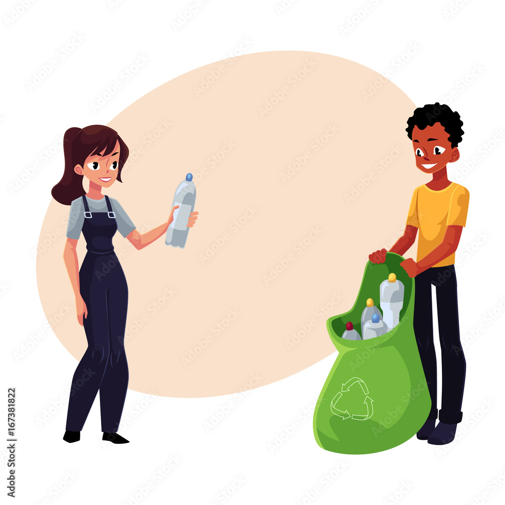 Man and woman putting garbage into trash bin, waste recycling concept ...